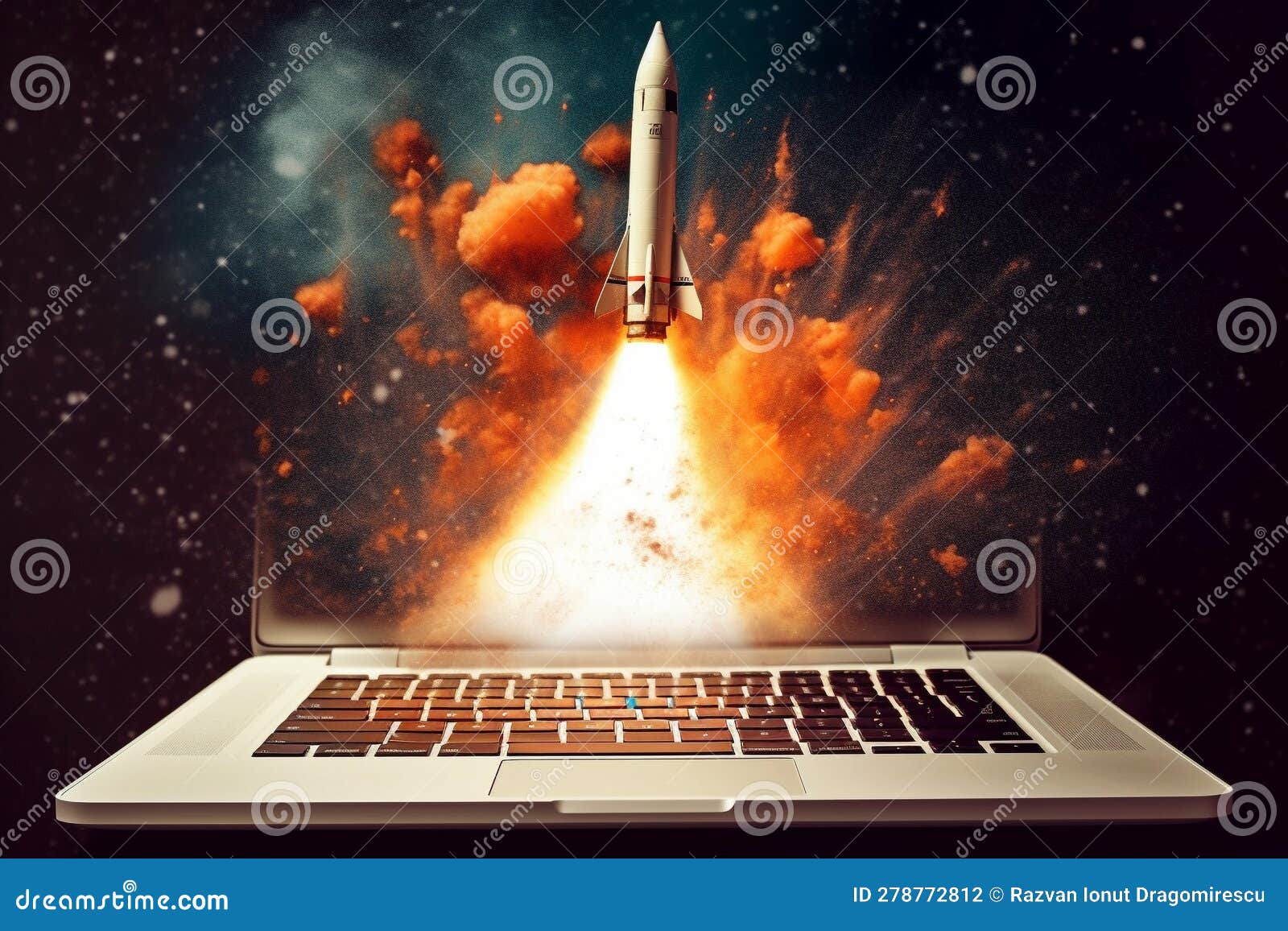 Rocket Launching Out of a Laptop, Symbolizing the Power of Digital ...