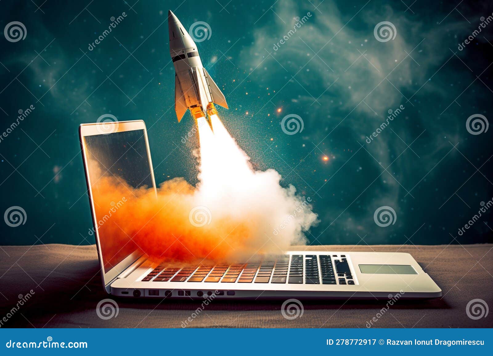 Rocket Launching Out of a Laptop, Symbolizing the Power of Digital ...