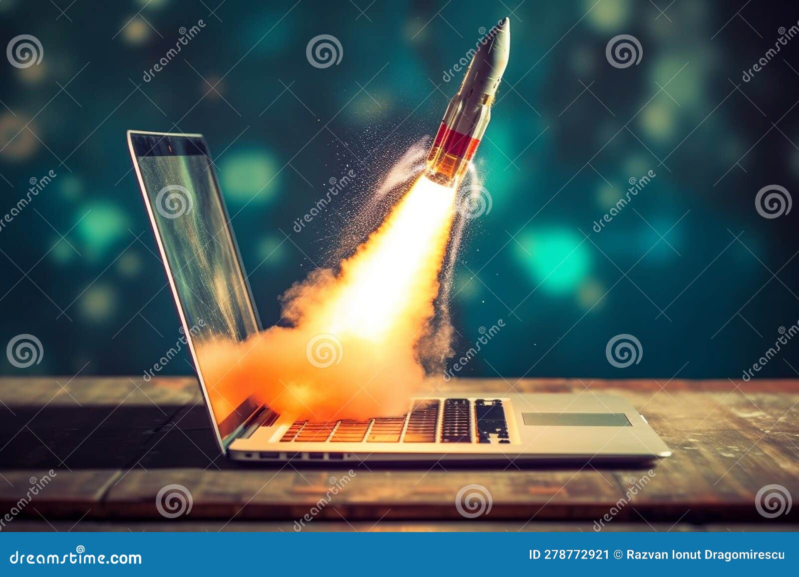 Rocket Launching Out of a Laptop, Symbolizing the Power of Digital ...