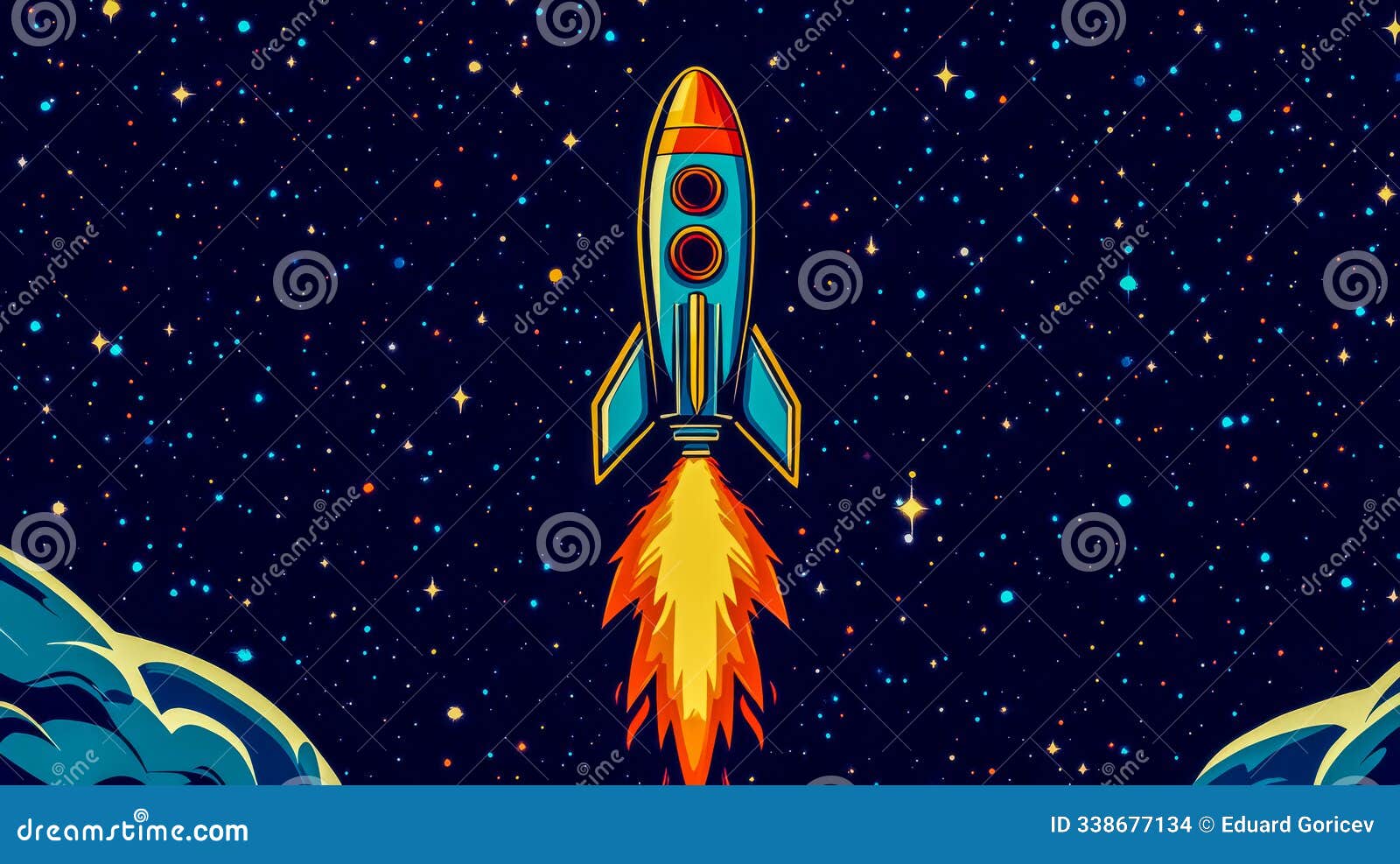 Rocket Launching from Planet into Outer Space Illustration Stock Photo ...
