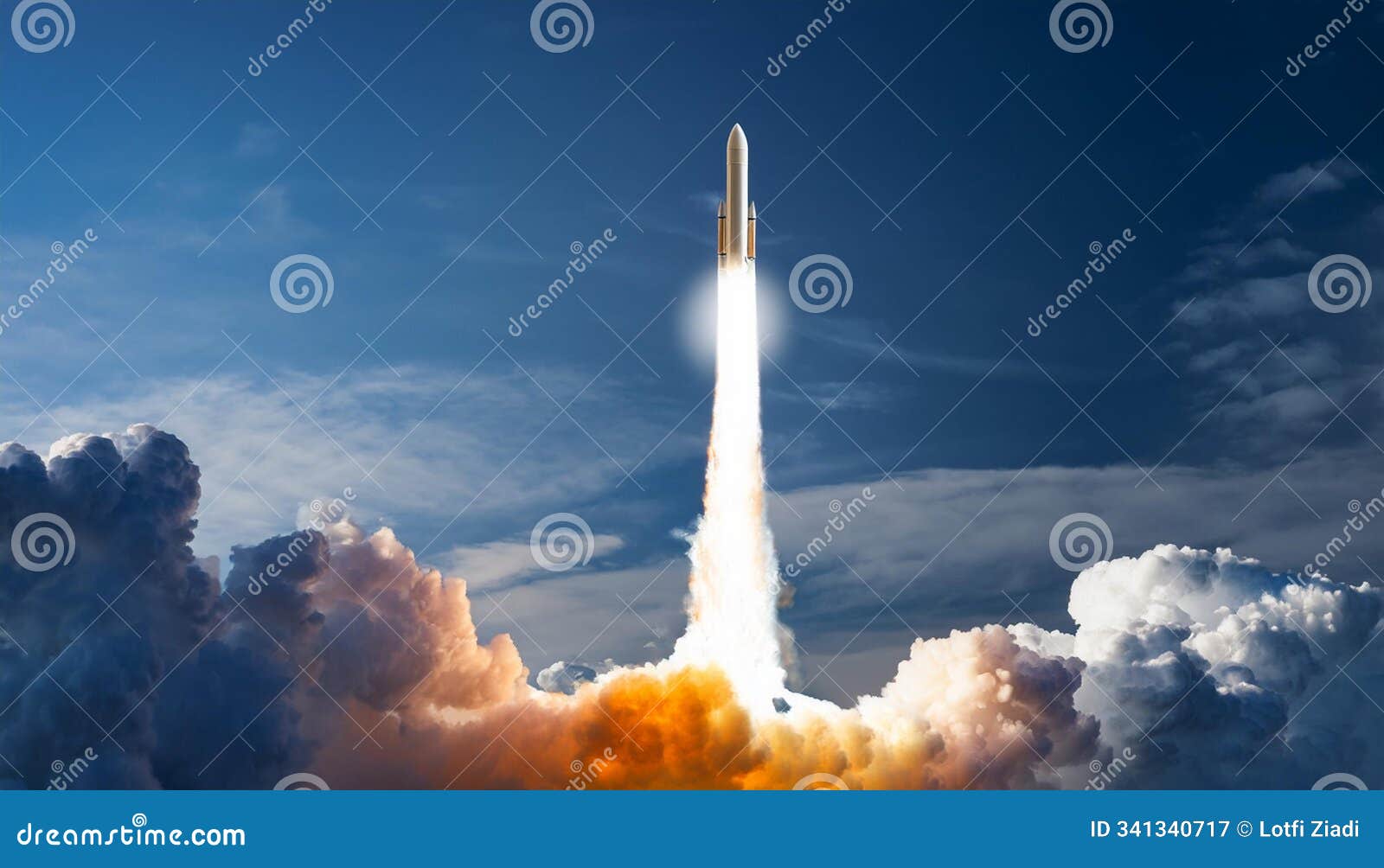 Rocket Launching into the Sky with Smoke and Fire on a Cloudy ...