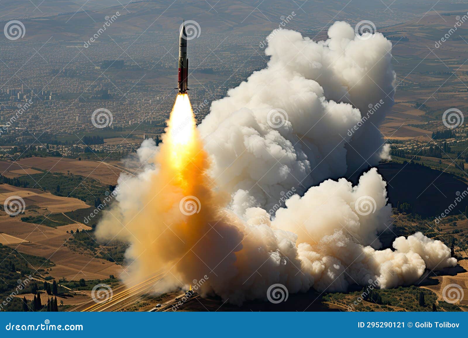 A Rocket Launching into the Sky with Smoke and Fire Stock Illustration ...
