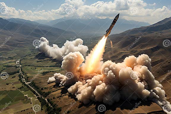 A Rocket Launching into the Sky with Smoke and Fire Stock Illustration ...