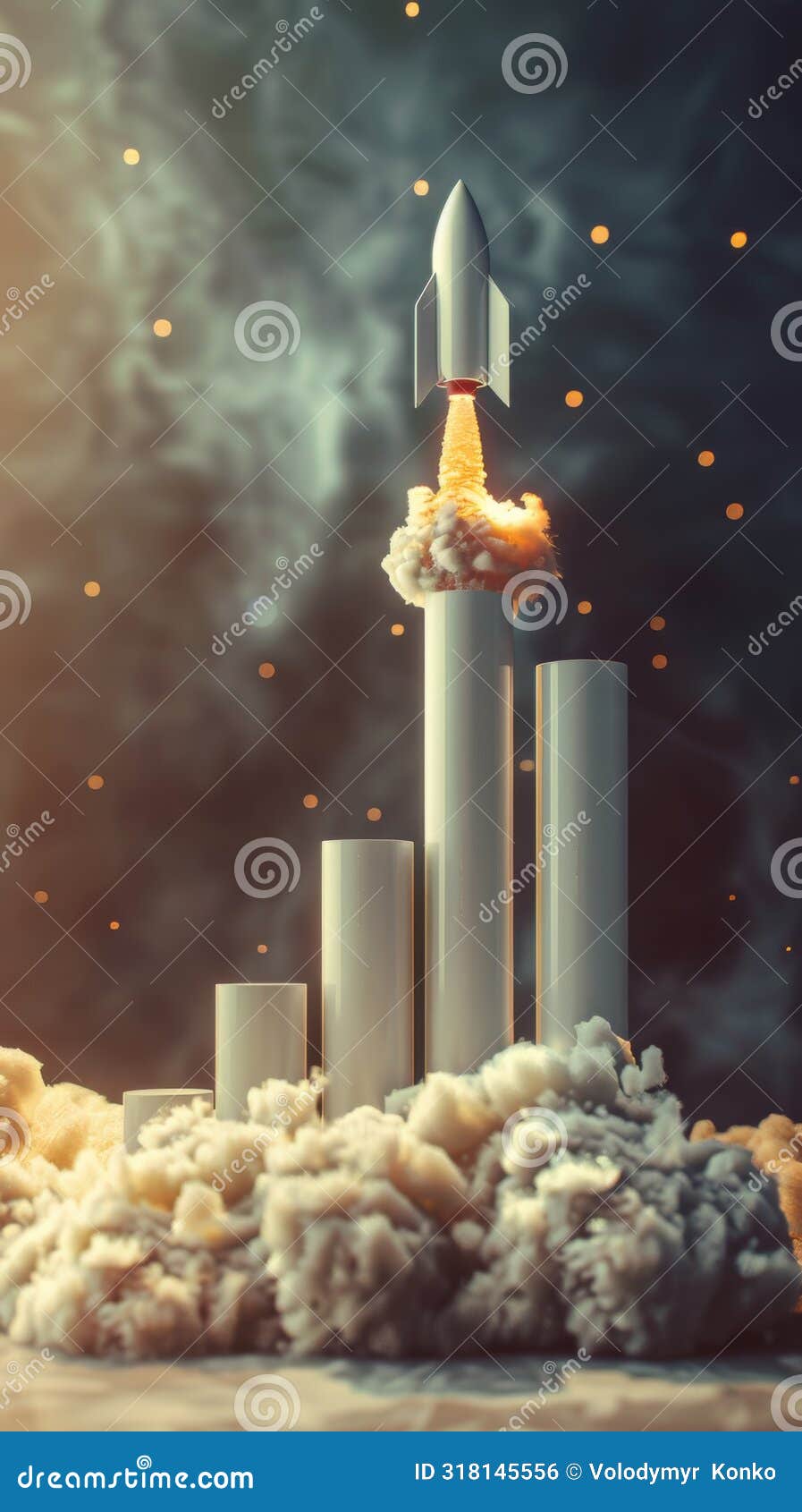 Rocket Launching into the Sky with Smoke and Glowing Particles Stock ...