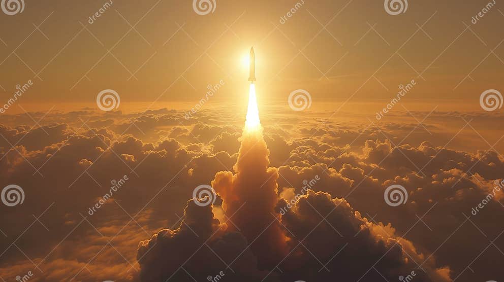 Rocket Launching into Sky with Sun Backdrop Stock Illustration ...