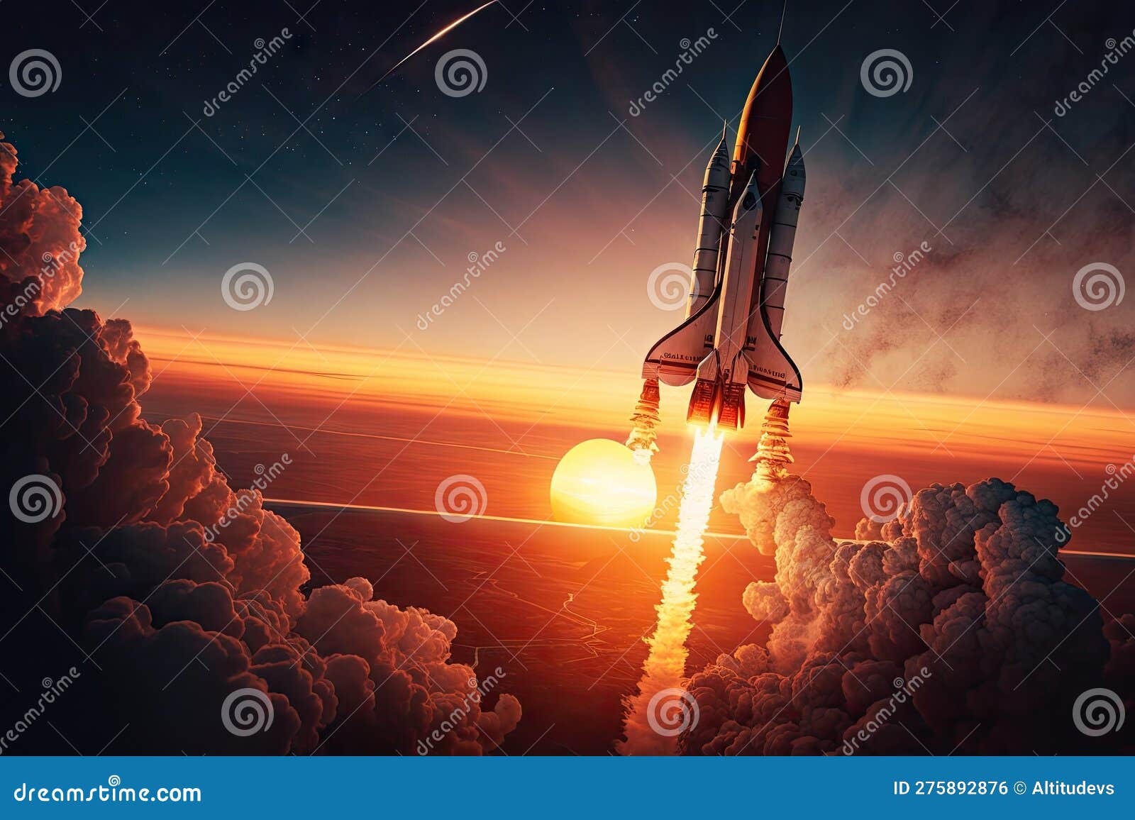 Rocket Launching into the Sky, with View of the Sun Setting Over ...