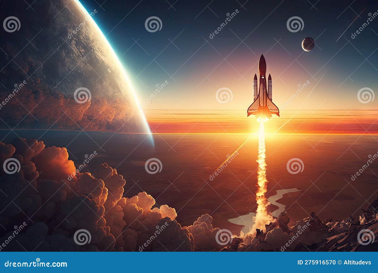 Rocket Launching into the Sky, with View of the Sun Setting Over ...