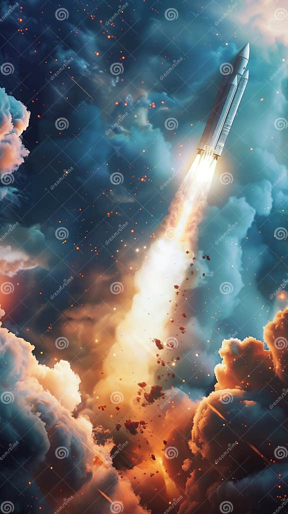 A Rocket Launching into Space at Night, Surrounded by Stars and Clouds ...