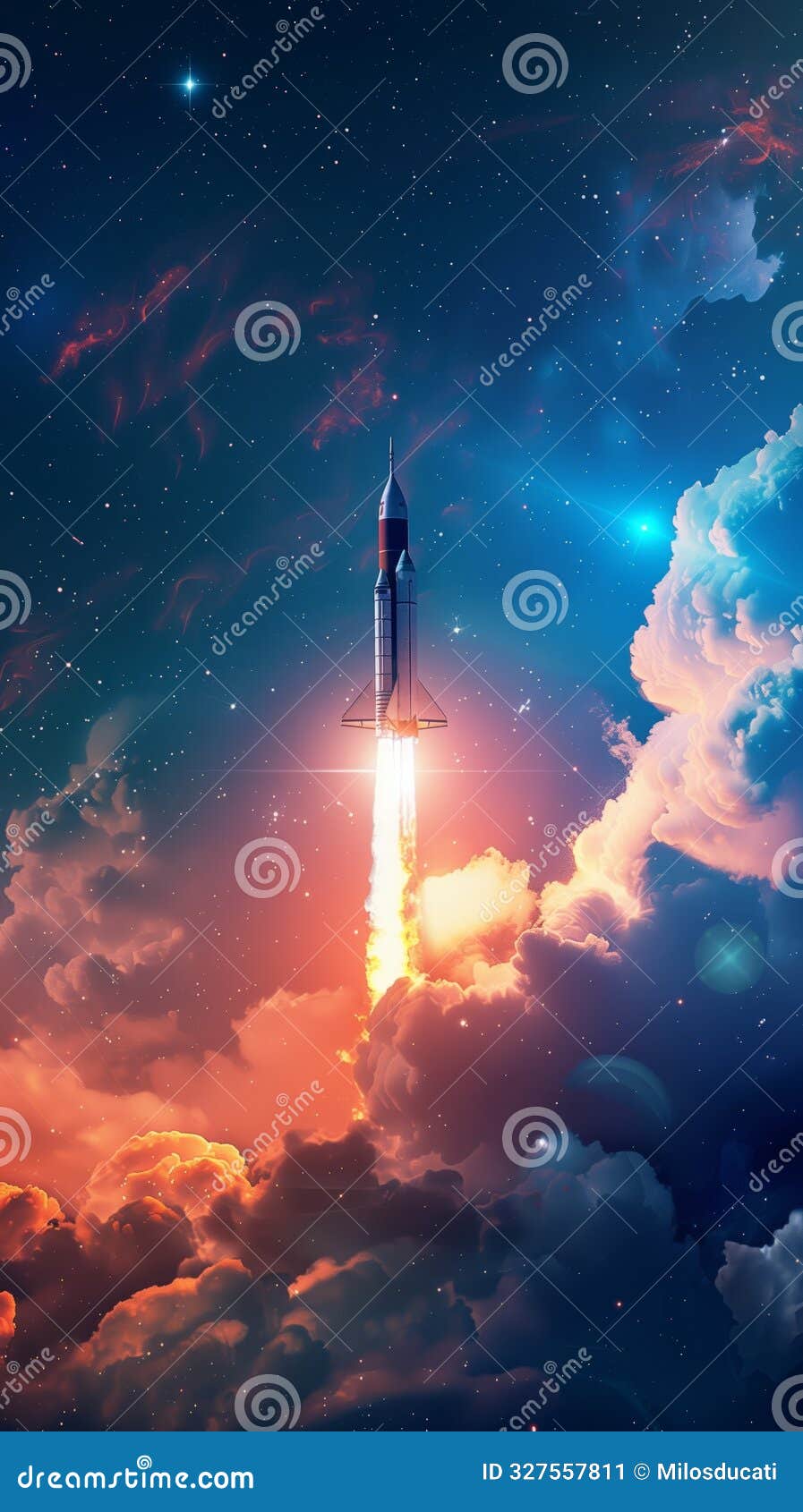 A Rocket Launching into Space at Night, Surrounded by Stars and Clouds ...