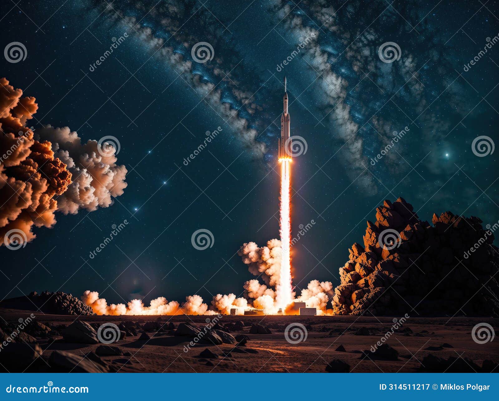 A Rocket Launching into Space with a Trail of Smoke and Flames Behind ...