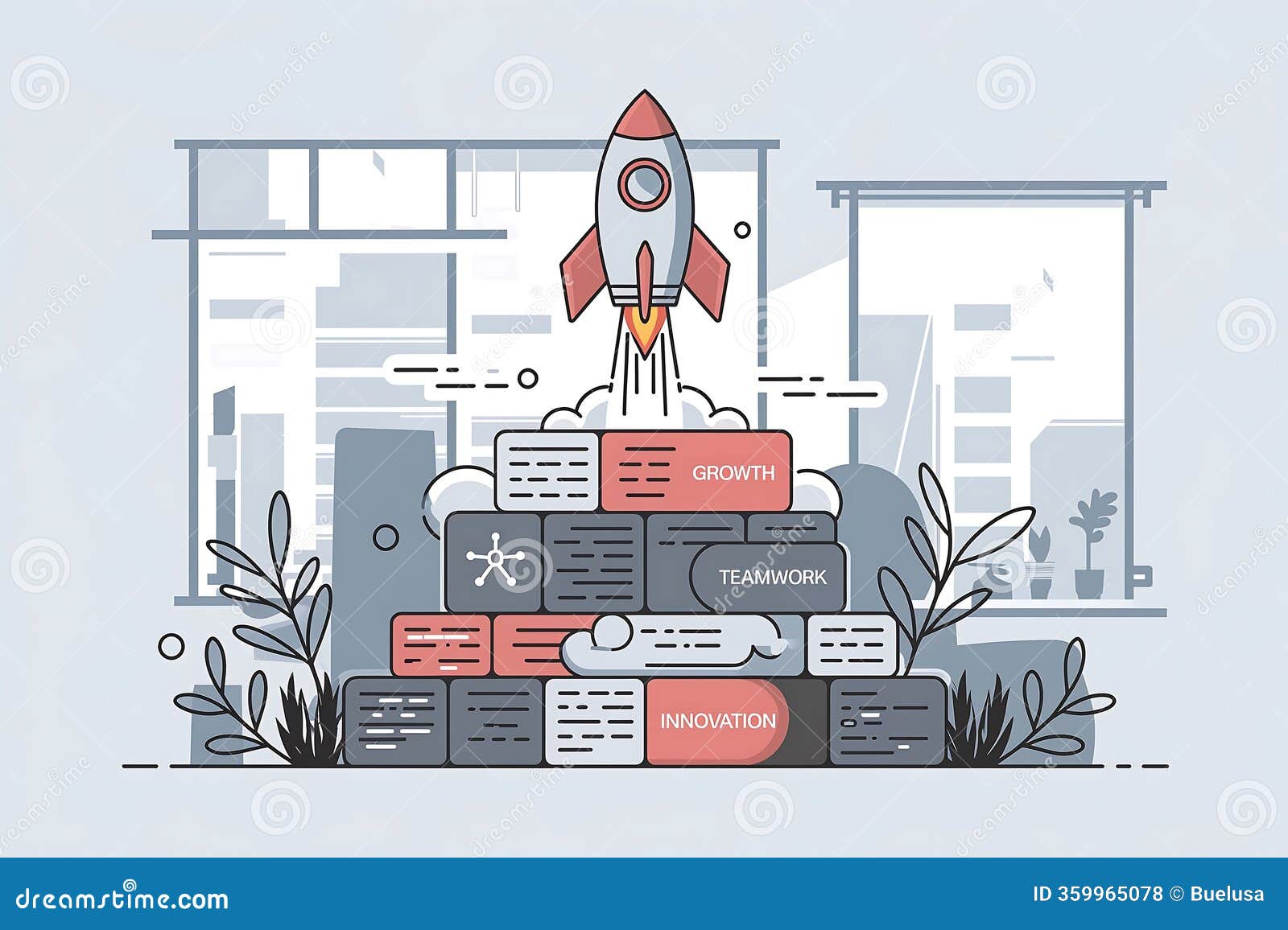 Rocket Launching from a Stack of Bricks Labeled with Growth, Teamwork ...