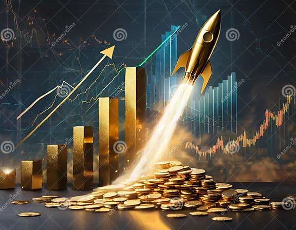 Rocket Launching from a Stack of Gold Coins Against an Upward Trend ...