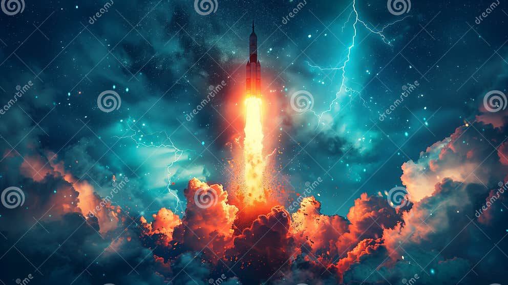 A Rocket Launching Upwards into the Night Sky Stock Illustration ...