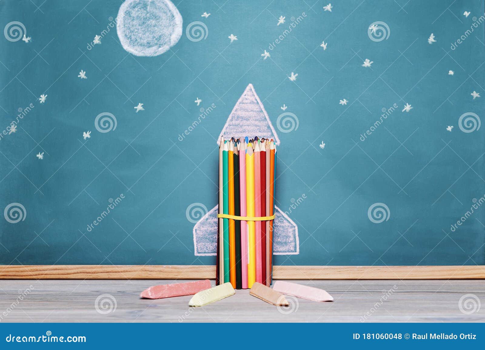 Rocket Made with Crayons and Drawn on a Blackboard Stock Photo - Image ...