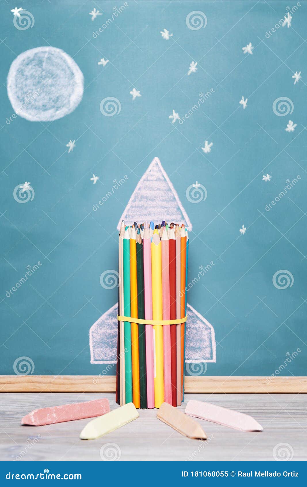 Rocket Made with Crayons and Drawn on a Blackboard Stock Image - Image ...
