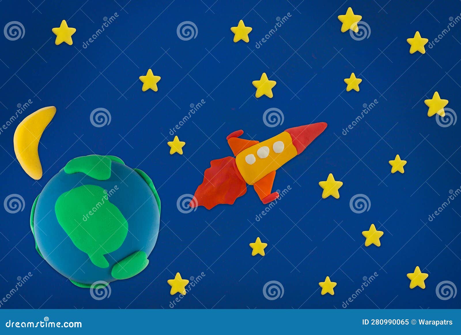 Rocket Made from Plasticine on Space Earth Moon and Star Background ...