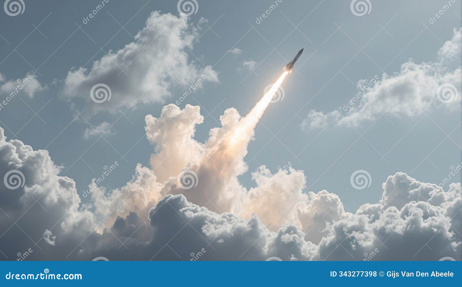 Rocket Missile Soaring through Clouds with Reflective Nose Cone Stock ...