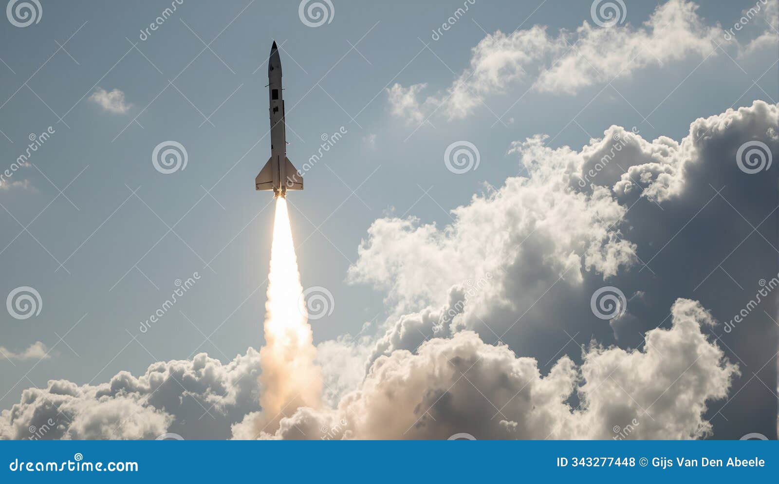 Rocket Missile Soaring through Clouds with Reflective Nose Cone Stock ...