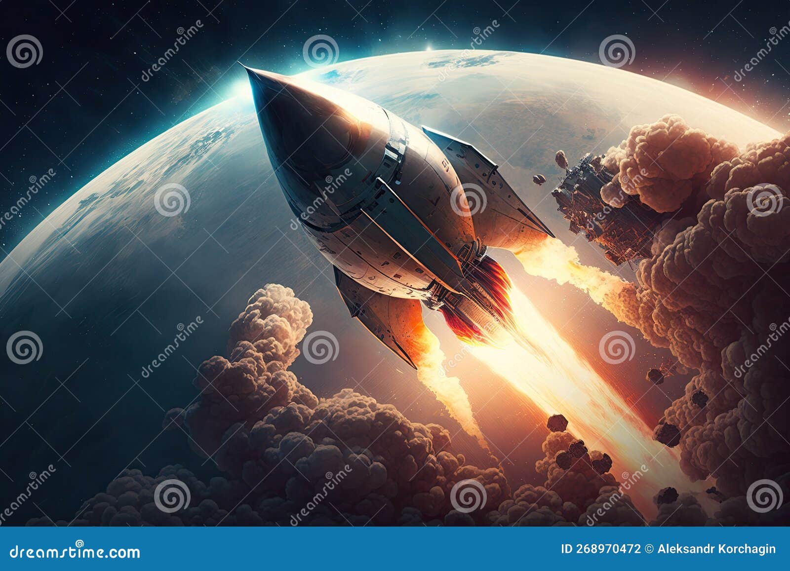 Rocket with a Nuclear Warhead is Flying in Space Against the Background ...