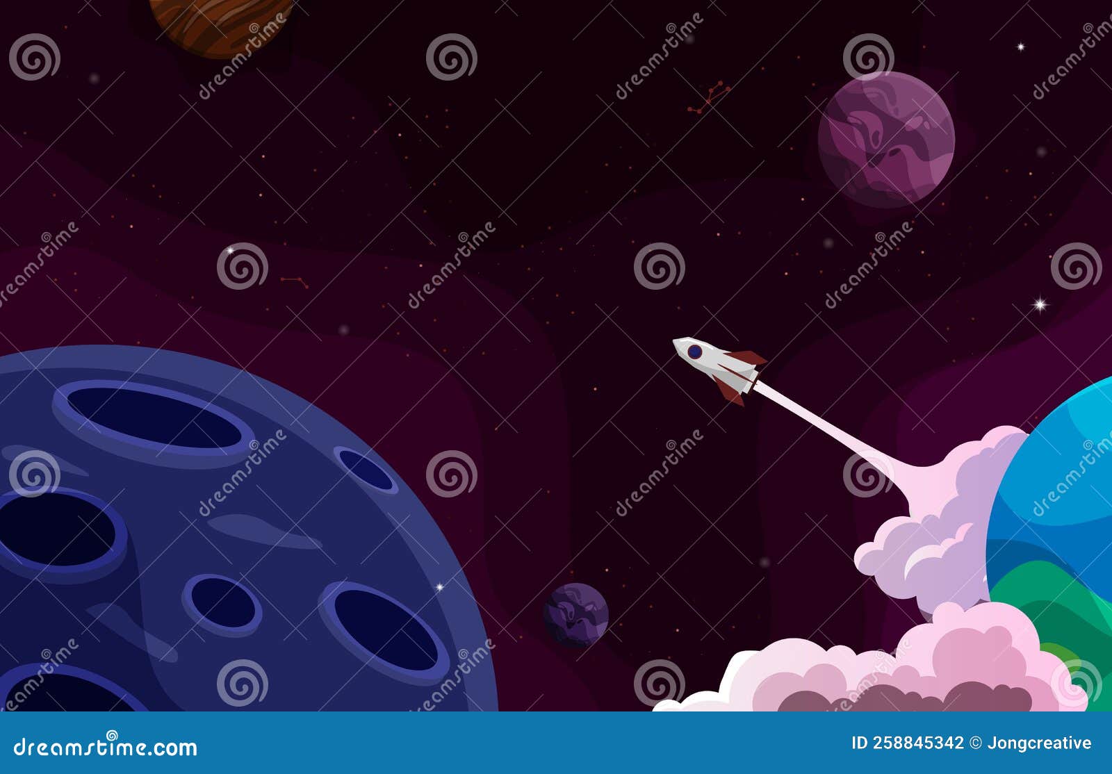 Rocket Outer Space Craft Planet Stars Adventure Background Stock Vector ...