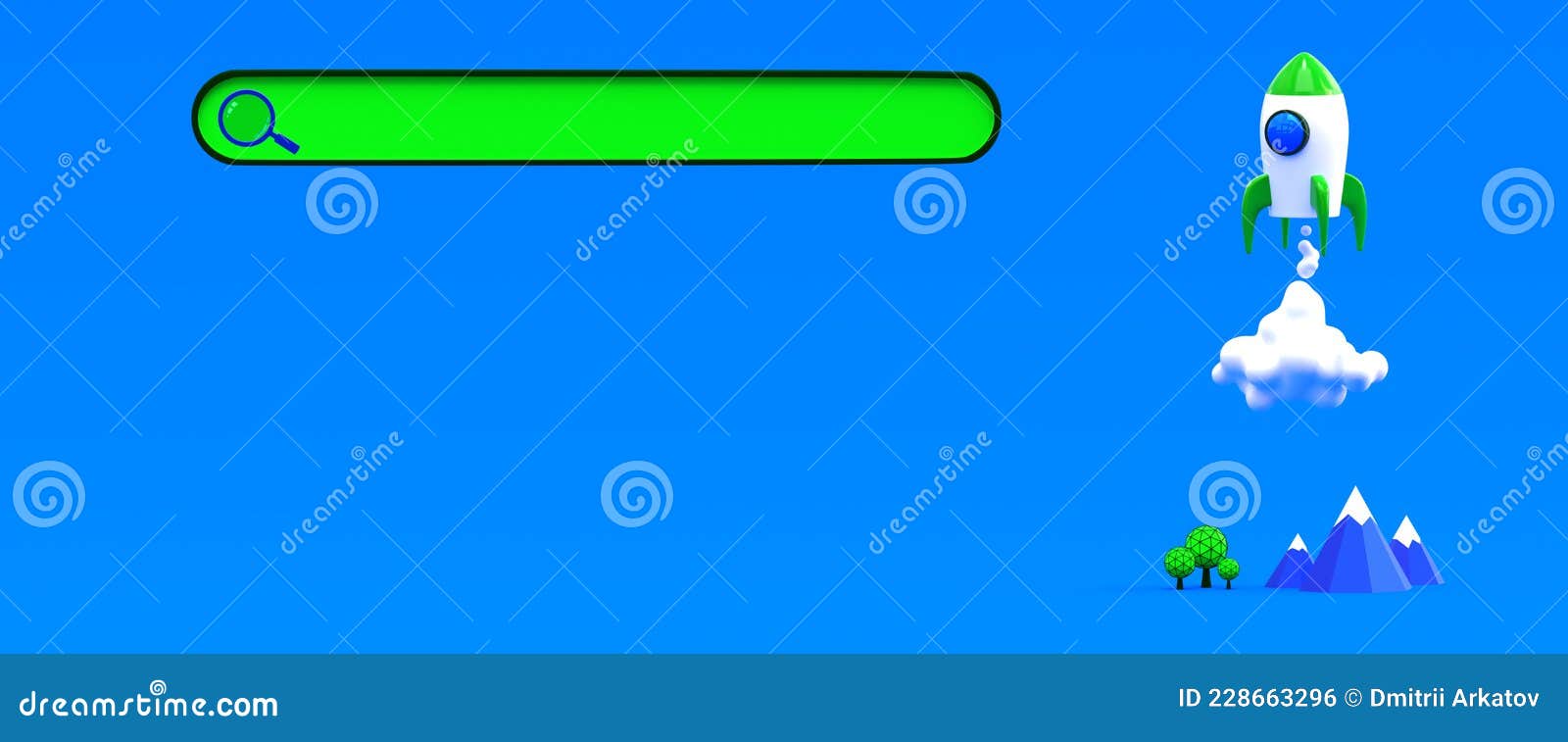 Rocket, with Search Bar on Blue Background. Web Search Concept or ...