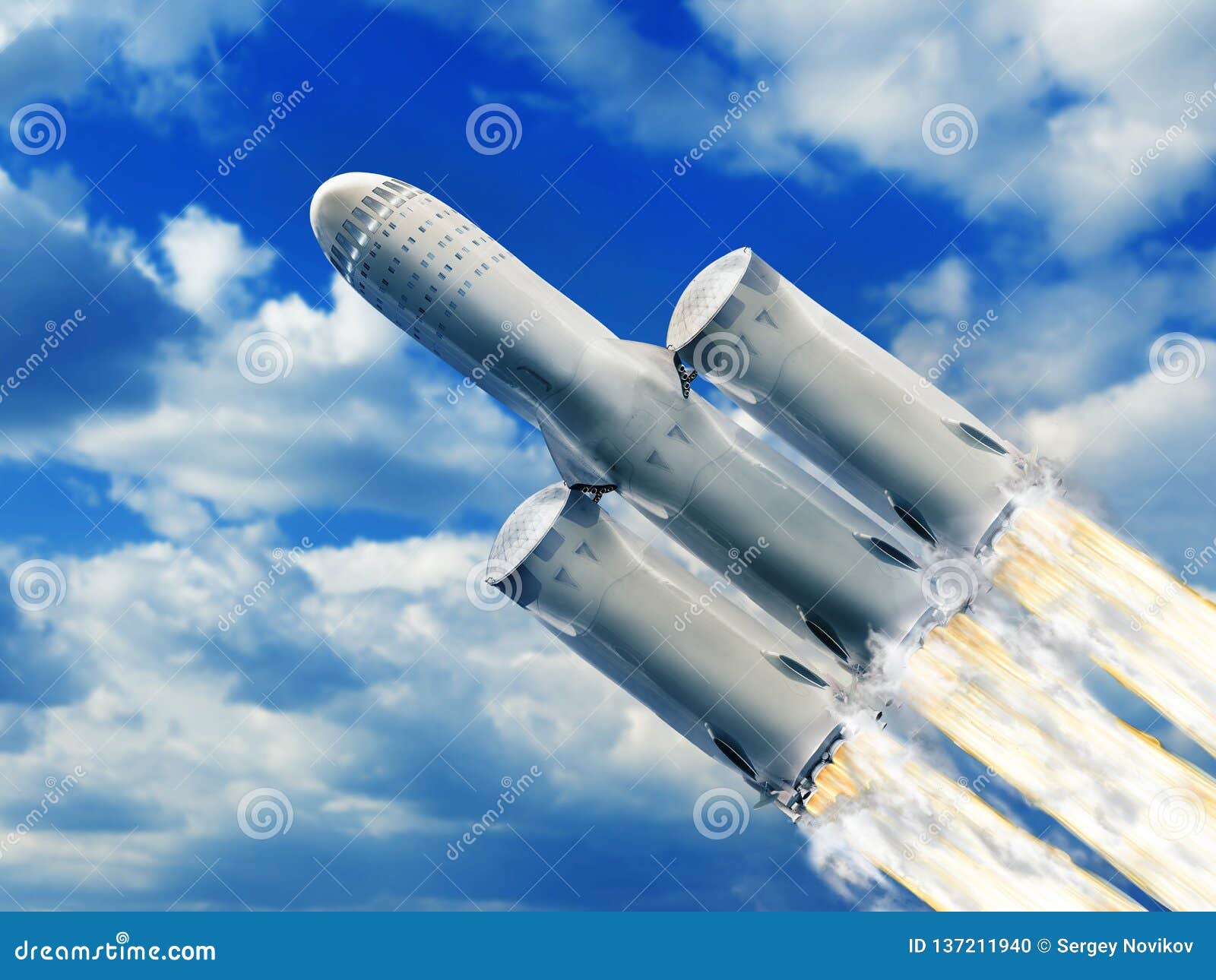 Rocket with Second Stage and Boosters Fly Over Sky Stock Photo - Image ...