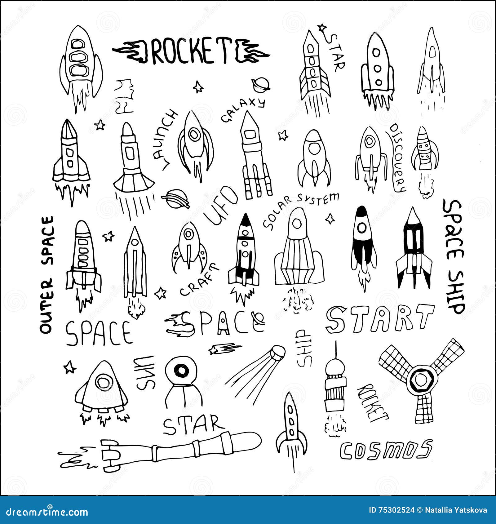 Rocket set hand drawn stock vector. Illustration of launch - 75302524