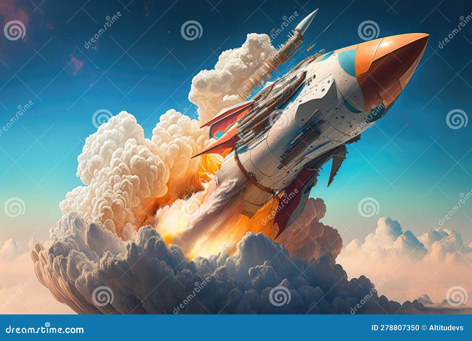 Rocket Ship Breaking the Atmosphere, with View of Blue Sky and Clouds ...