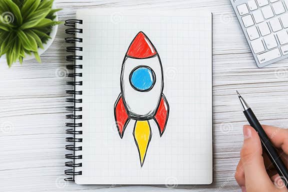 Rocket Ship Drawn on a Notebook Ai Photo Stock Illustration ...