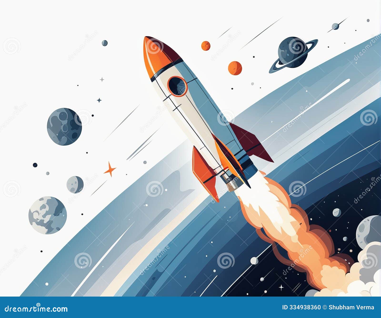 Rocket Ship Flying into the Clouds. Vector Illustration of Rocket ...