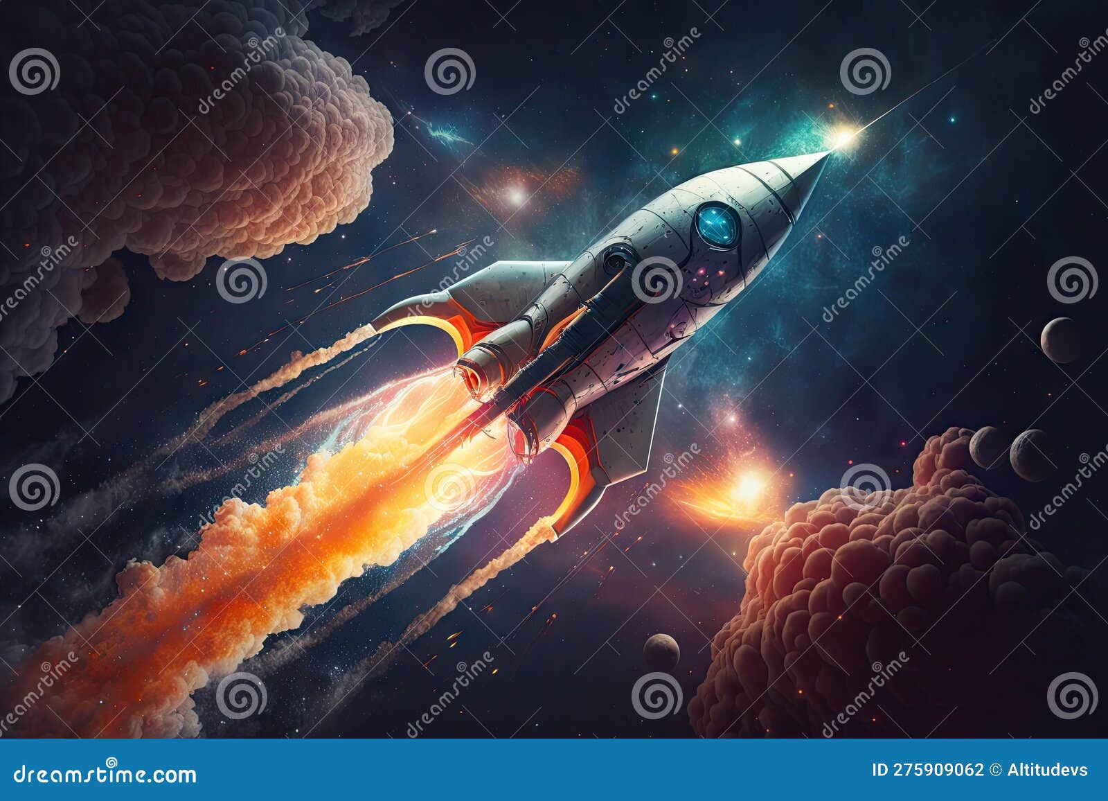 A Rocket Ship, Flying through the Stars and Nebulae in Outer Space ...