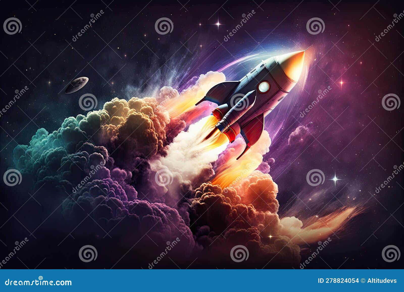 A Rocket Ship, Flying through the Stars and Nebulae in Outer Space ...