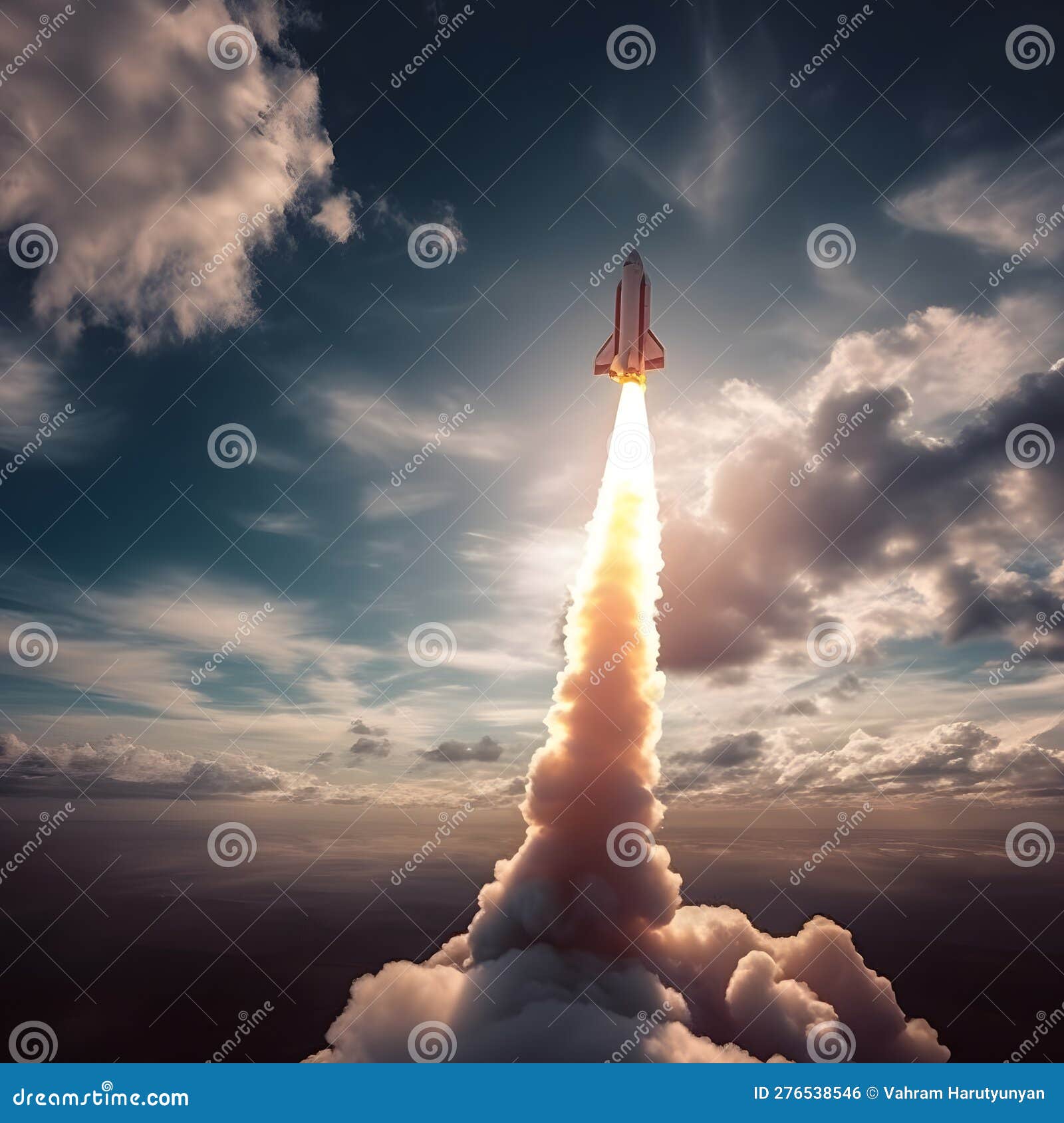 Rocket Ship with Space, Sky Clouds Stock Illustration - Illustration of ...