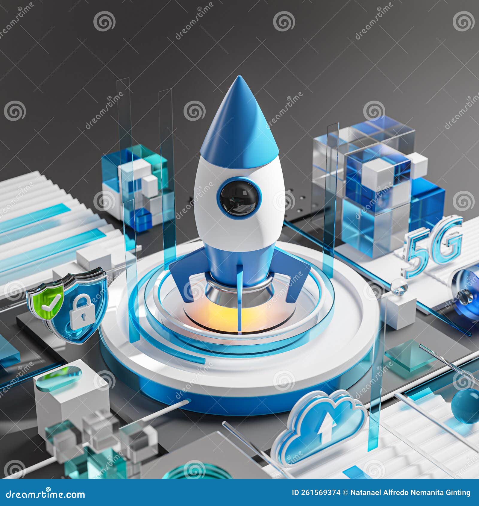 Rocket Ship Startup Launch Technology Icon Glass Blue 3D Render Stock ...