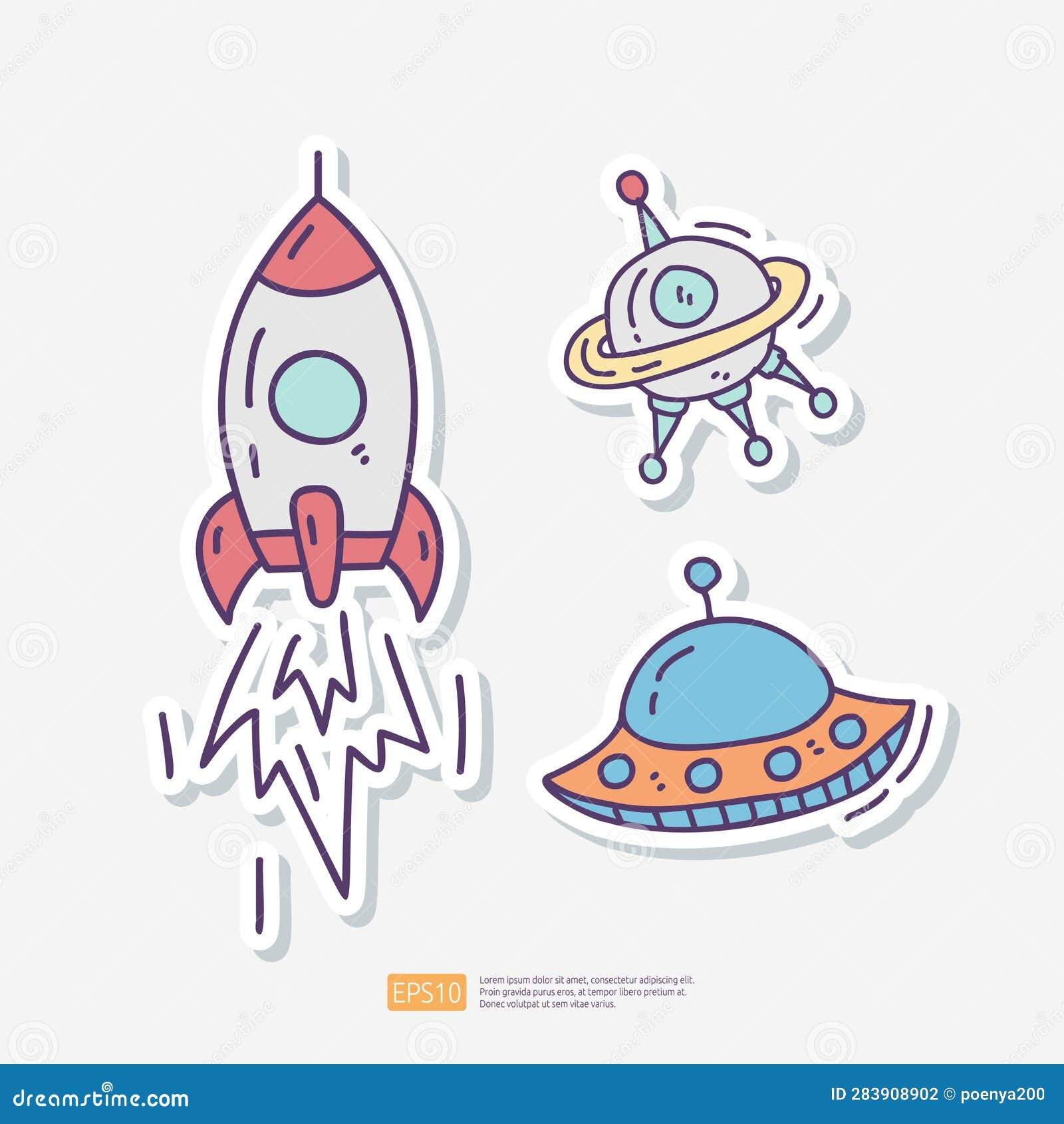 Rocket Ship Vector and UFO Space Ship Doodle Sticker Icon Set. Space ...
