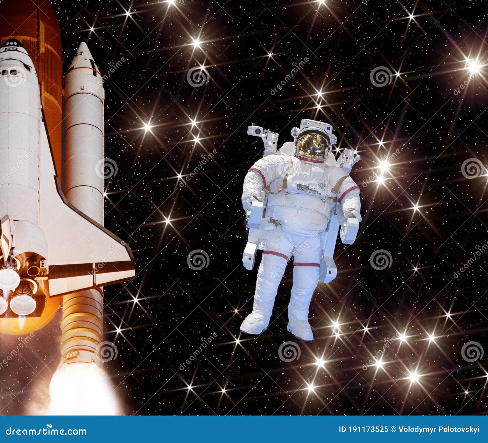 Rocket Shuttle, Astronaut in Outer Space and Galaxy. the Elements of ...