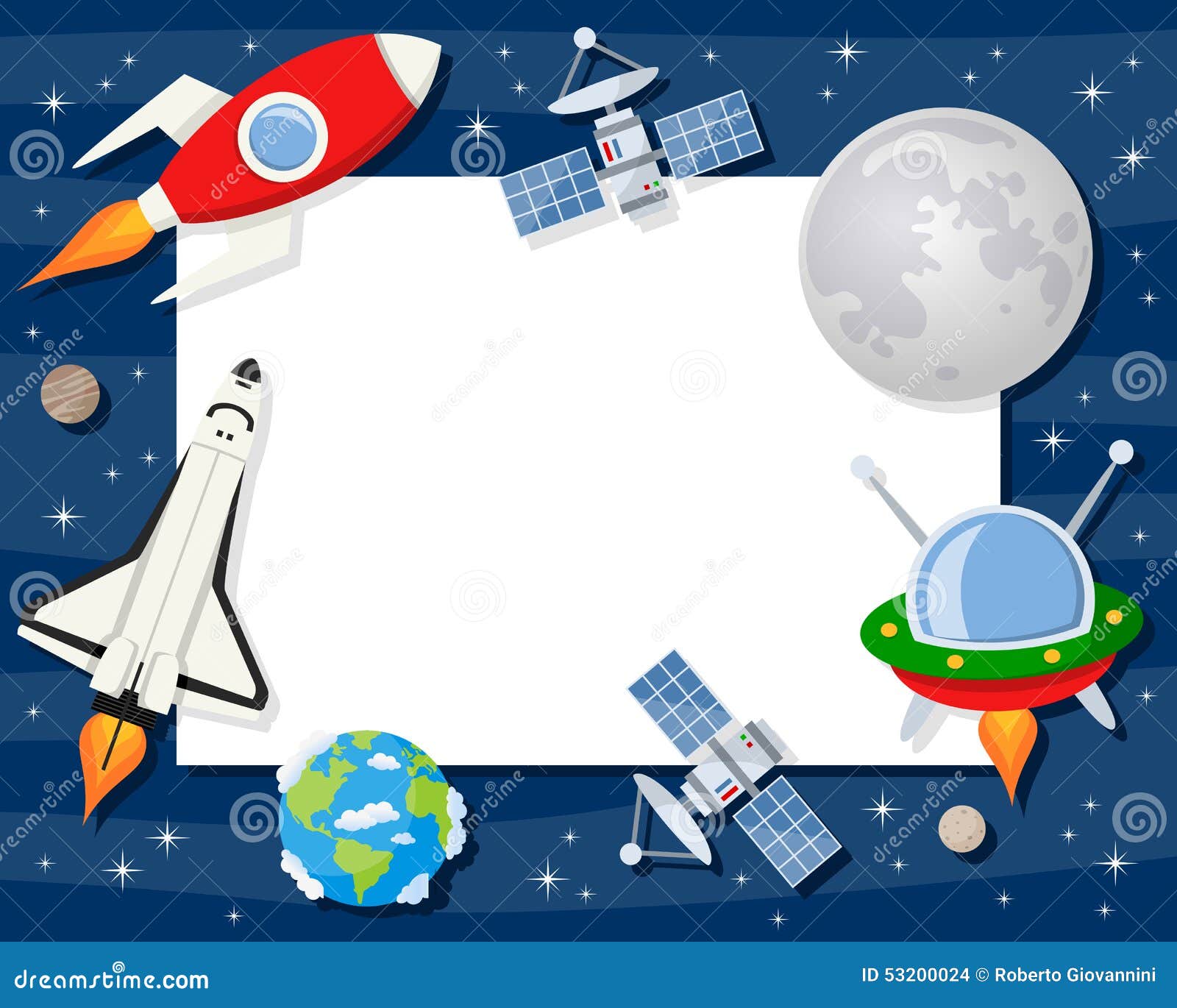 Rocket Shuttle Satellites Horizontal Frame Stock Vector - Illustration ...