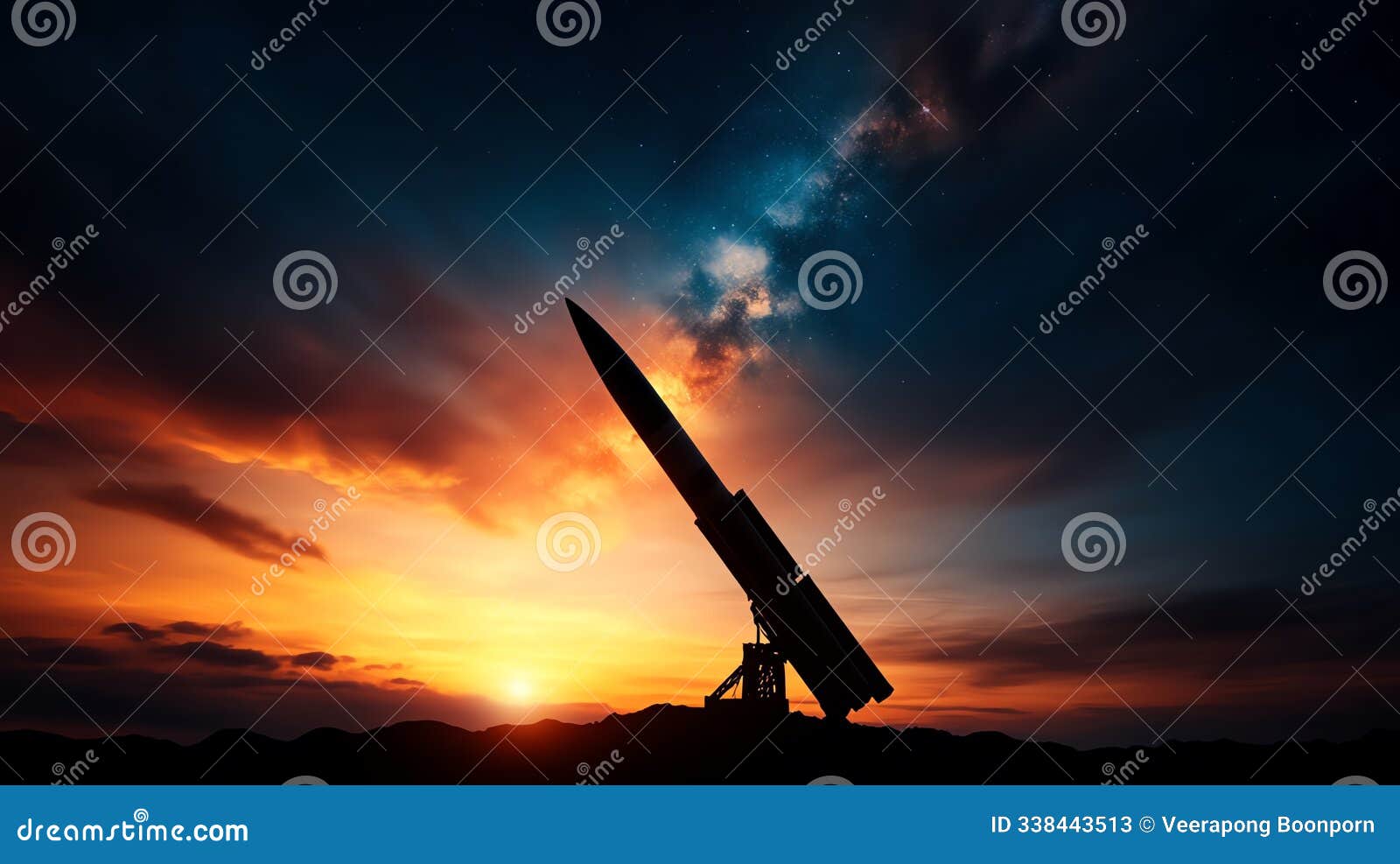 Rocket Silhouette Against Dramatic Sunset Sky with Vibrant Colors and ...