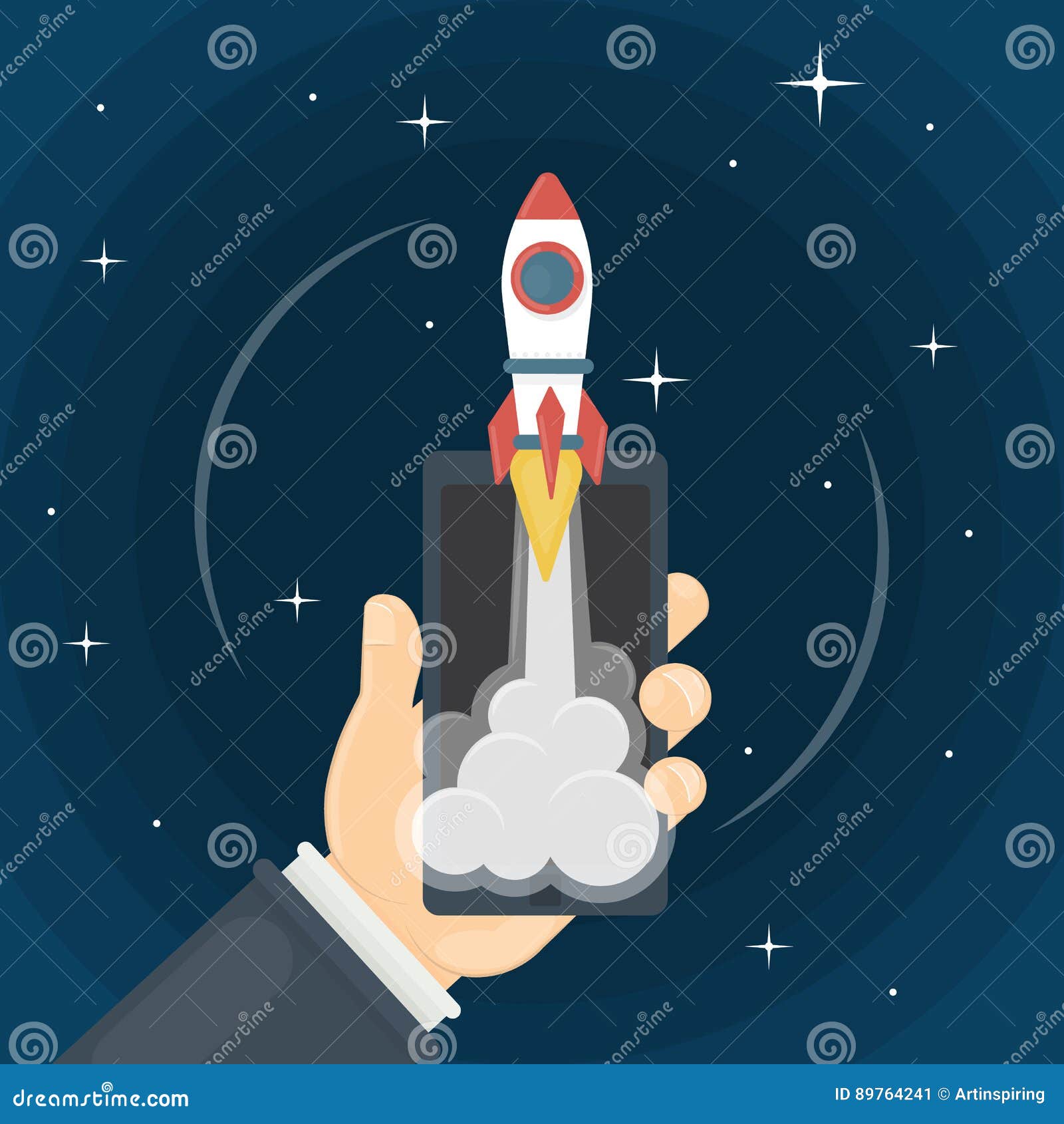 Rocket in smartphone. stock vector. Illustration of plan - 89764241