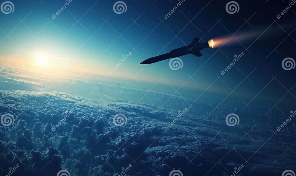 Rocket Soaring through the Atmosphere at Sunrise, Showcasing Powerful ...