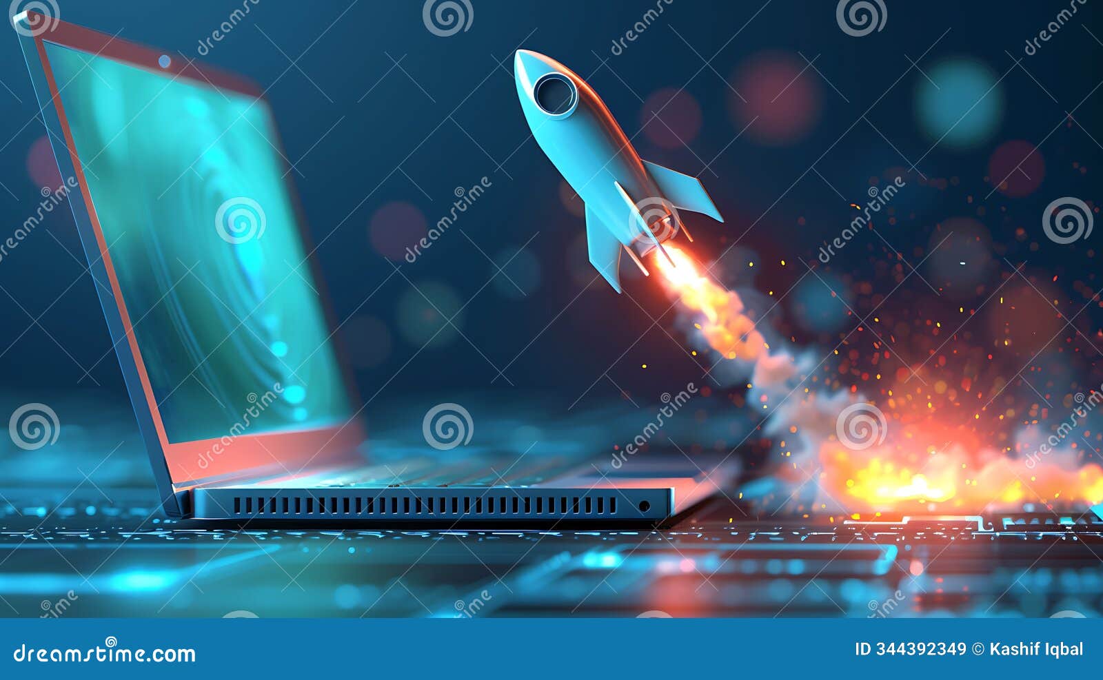 Rocket Soaring from Laptop, Vibrant Blue Tech Background Stock ...