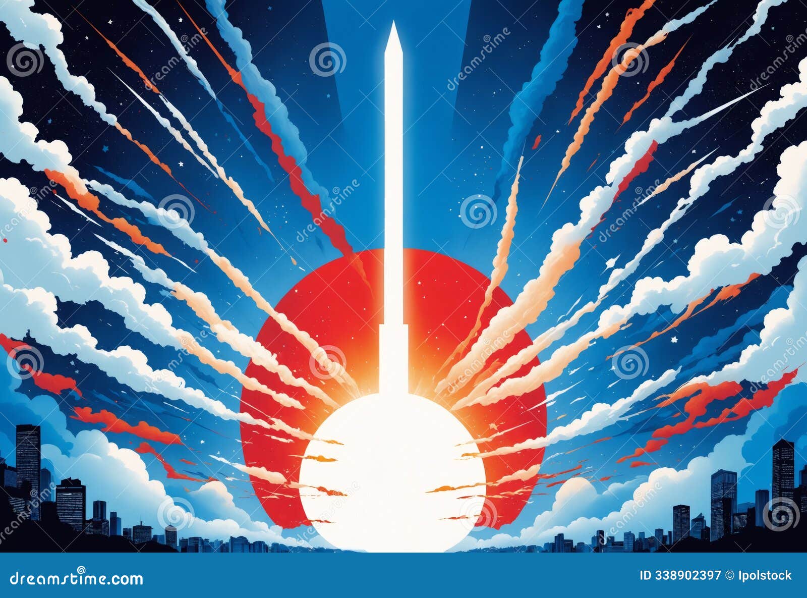 A Rocket Soaring into a Sky Above a City Silhouette. for Space Program ...