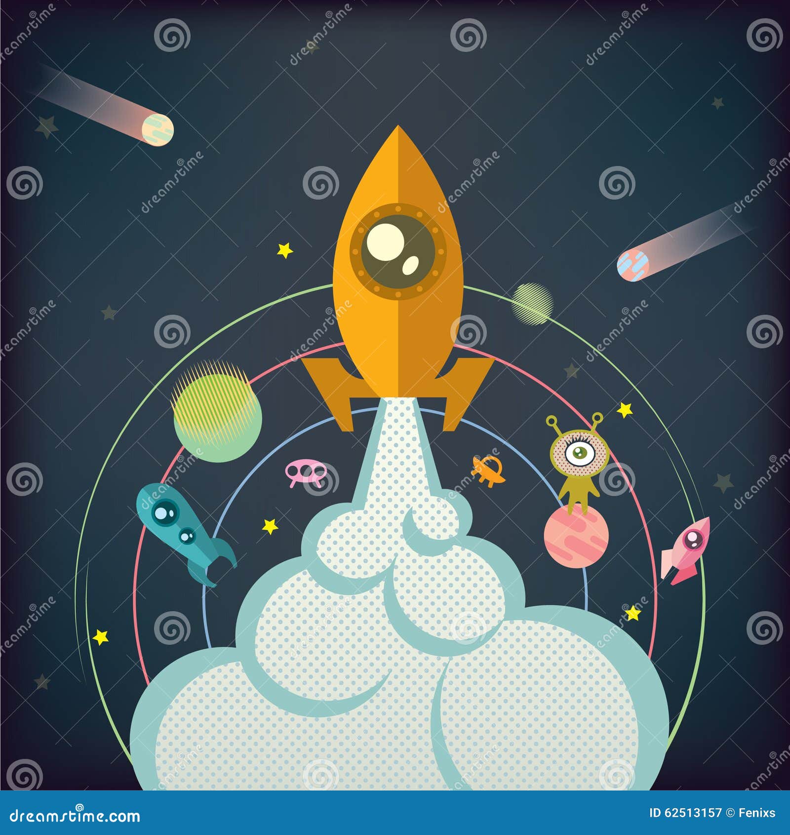 Planets, Stars And Rocket. Space Icons Cartoon Vector | CartoonDealer ...