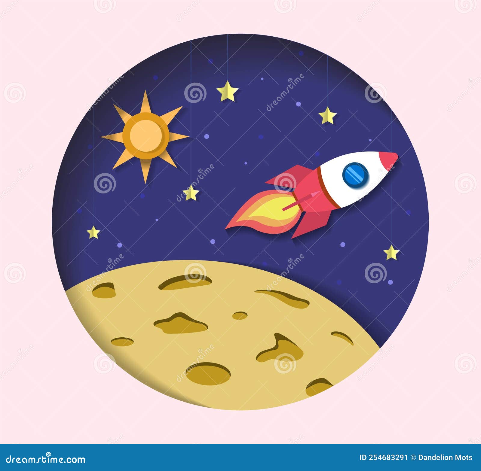 Rocket in Space Against the Backdrop of the Moon, Sun and Stars. Stock ...