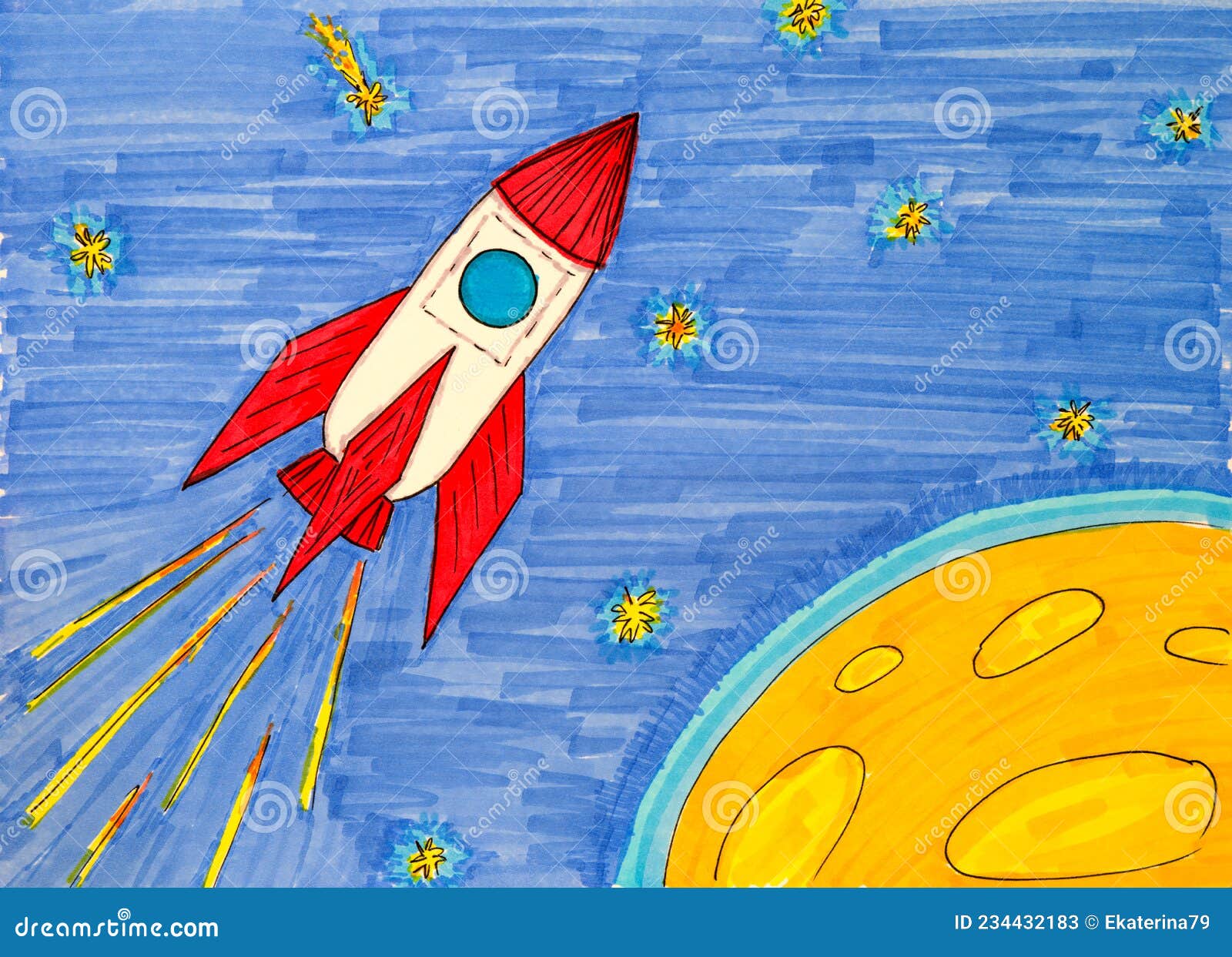 Rocket in Space. Hand Drawing Made by Colour Markers Stock Illustration ...