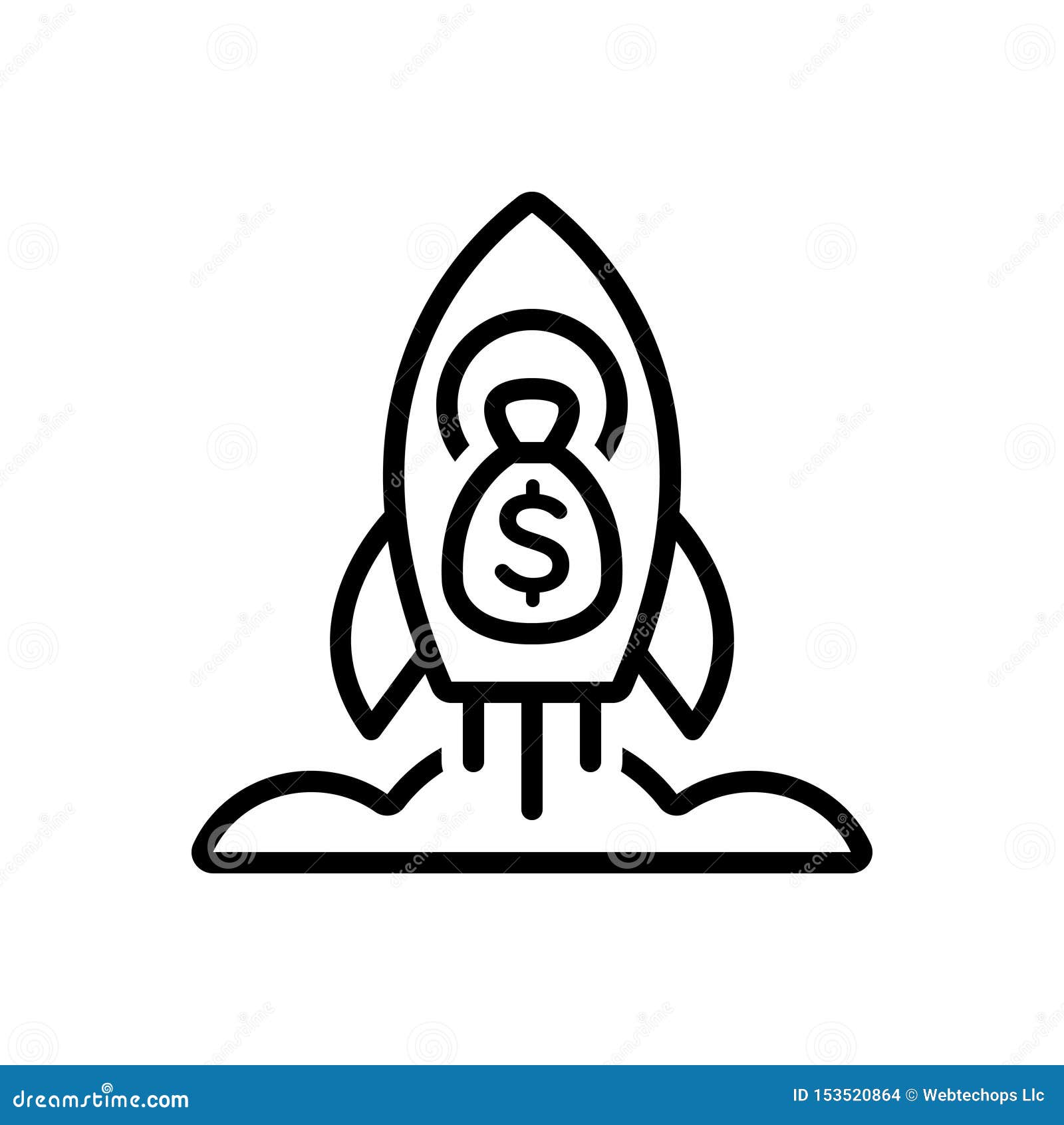 Black Line Icon for Rocket Space, Ship with Money and Bag of Dollar ...