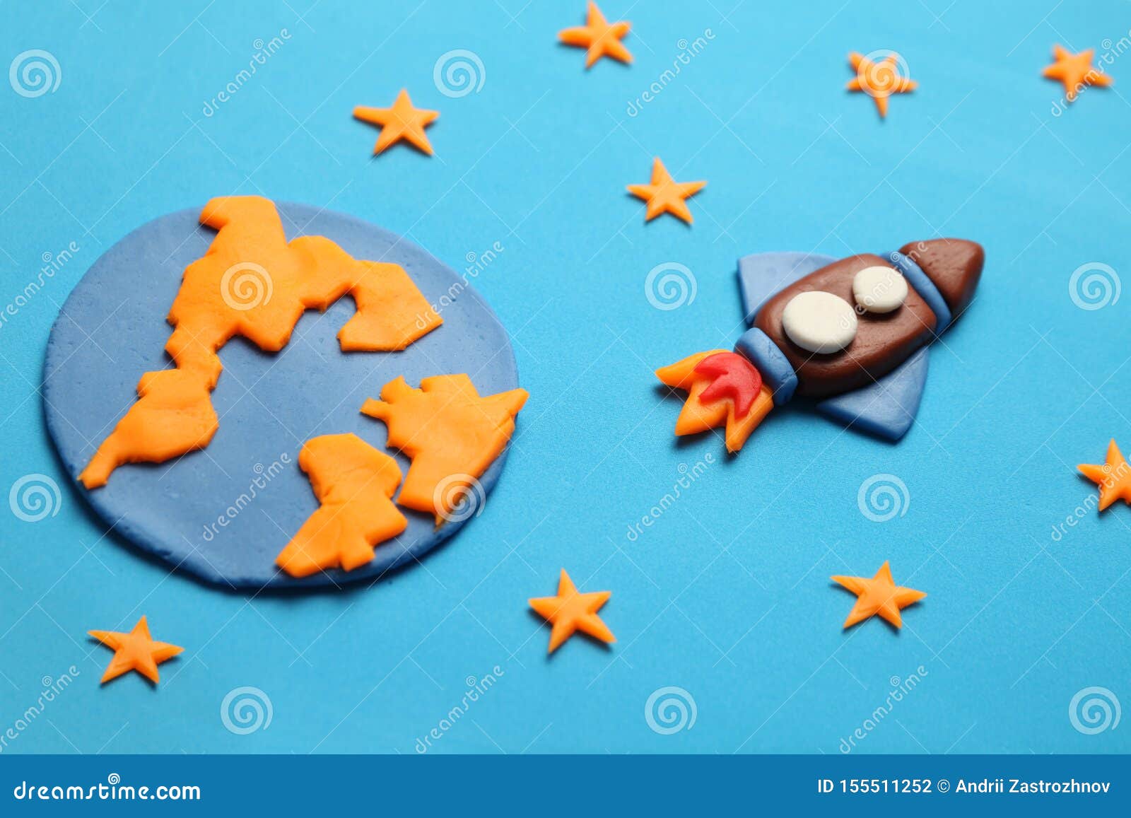 Rocket in Space, Star, Planet Earth. Plasticine Art, Cartoon Stock ...
