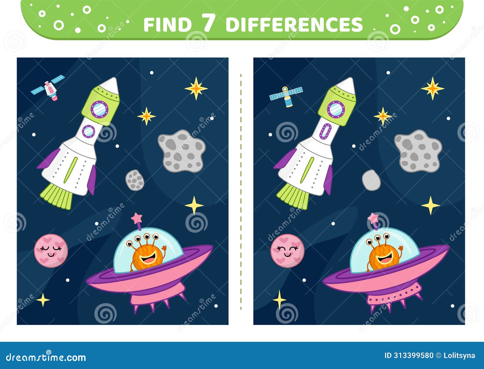 Rocket in Space, Ufo, Planet. Find 7 Differences. Space Game. Flat ...