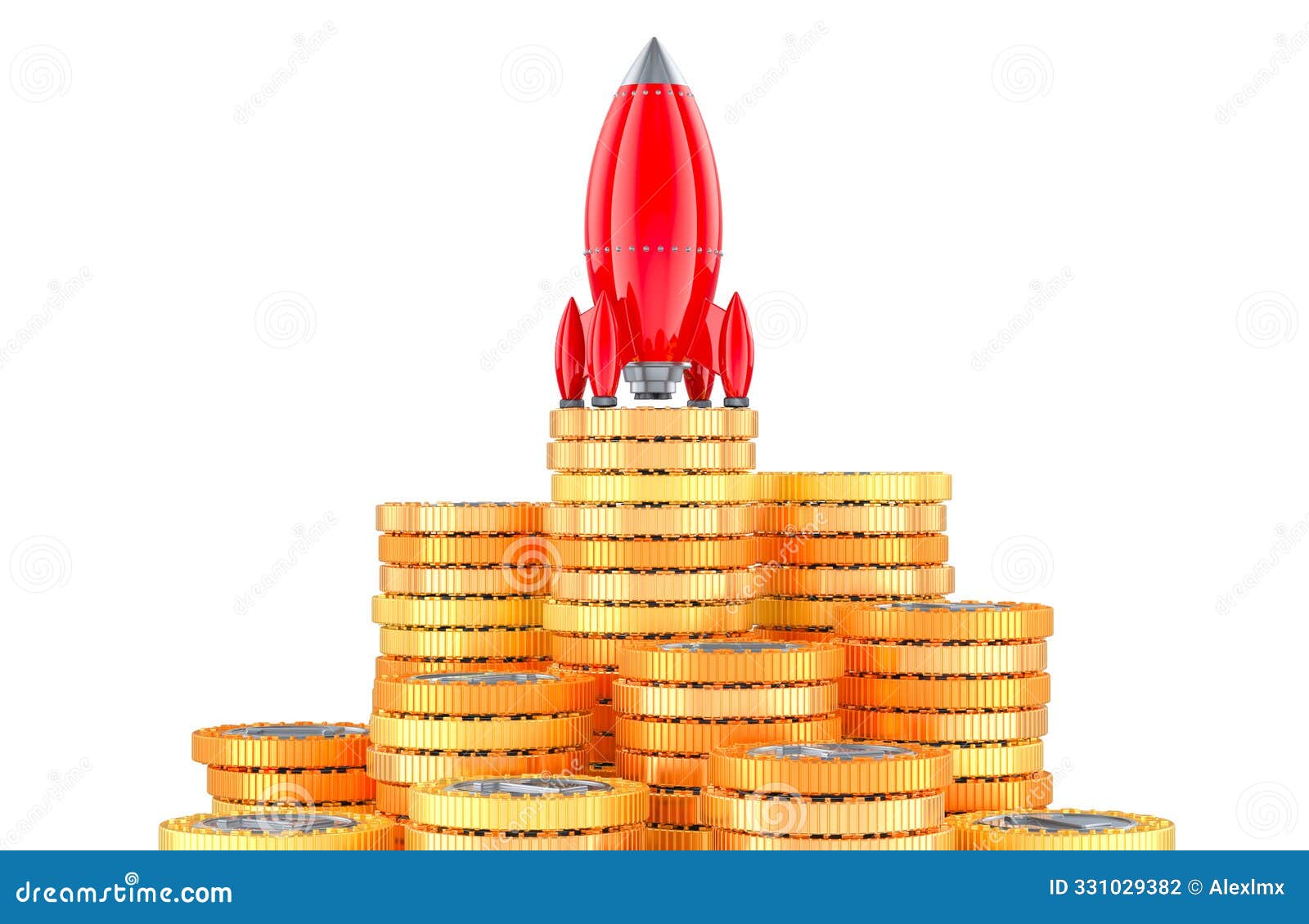 Rocket with Stack of Golden Coins. 3D Rendering Stock Illustration ...