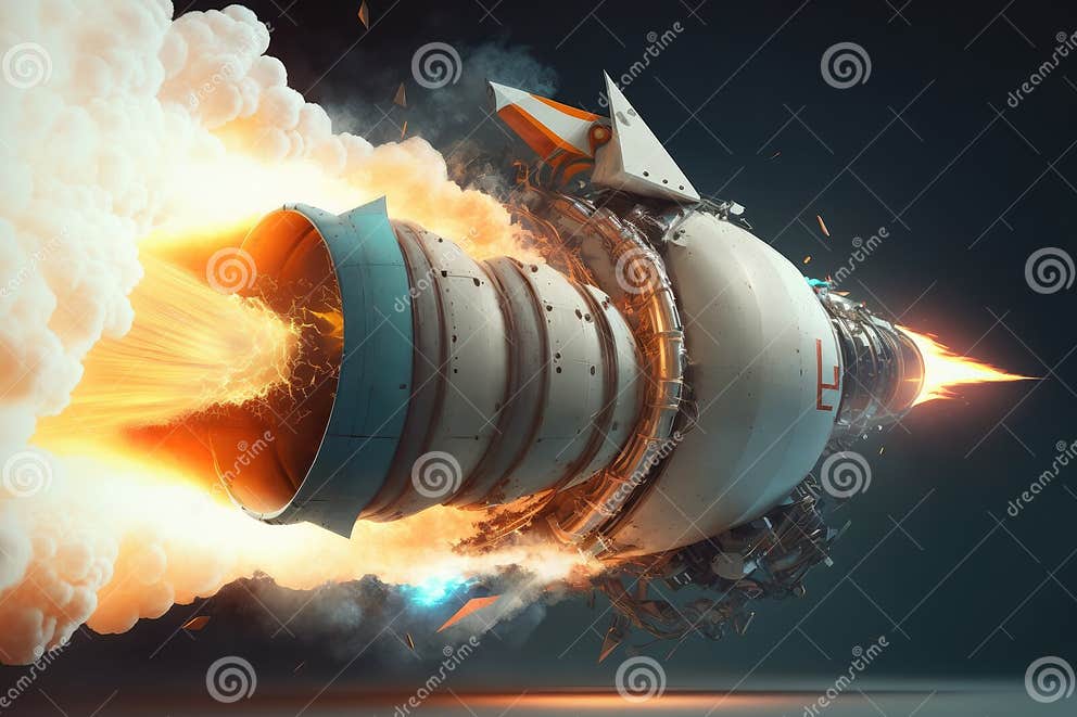 Rocket Start, with Close-up of Rocket Engine Igniting and Flames ...